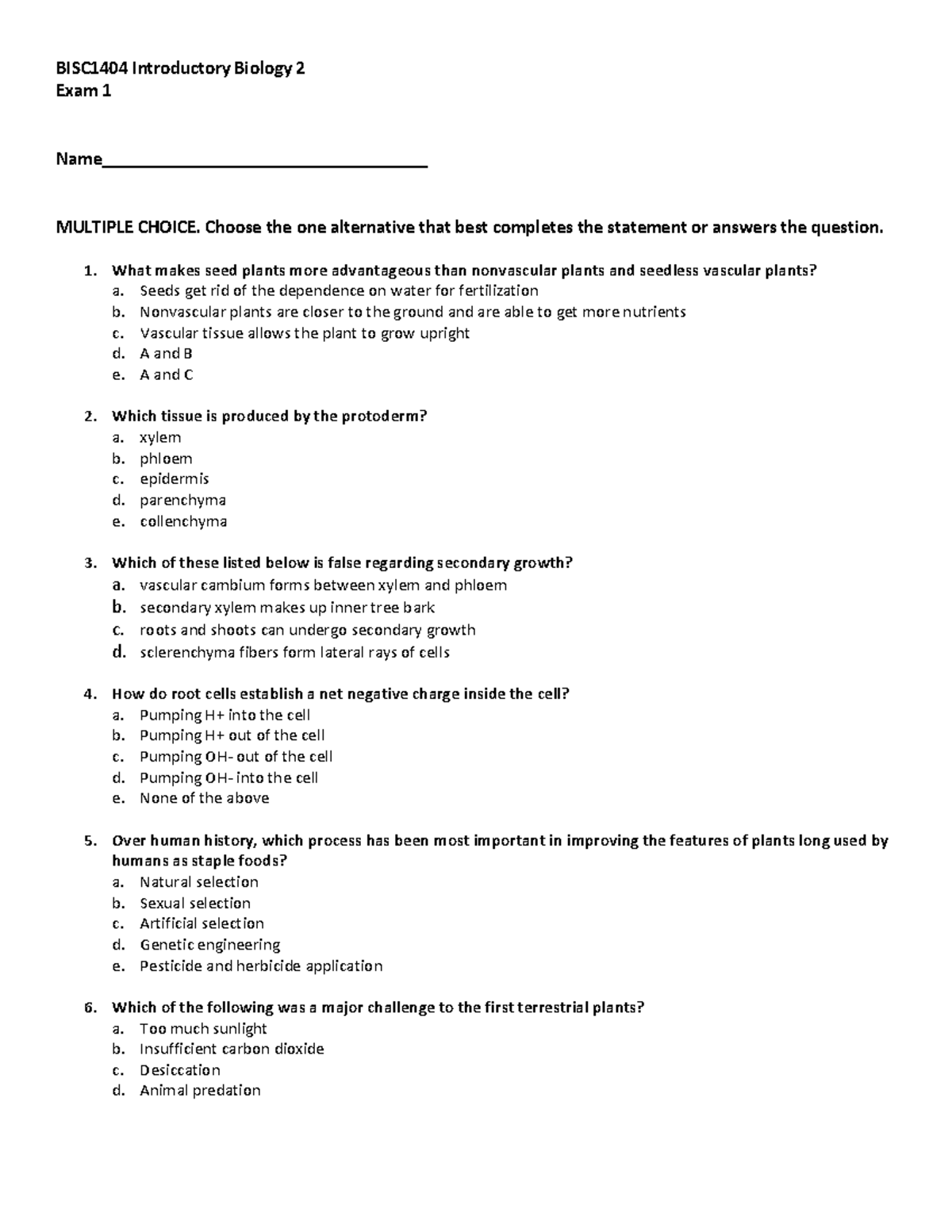 Intro Bio1404 Exam 1 BE - BISC1404 Introductory Biology 2 Exam 1 - Studocu