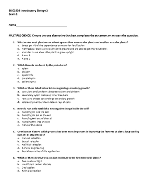 Intro Bio 1404 Exam 2 BE Ans - BISC1404 Introductory Biology 2 Spring ...