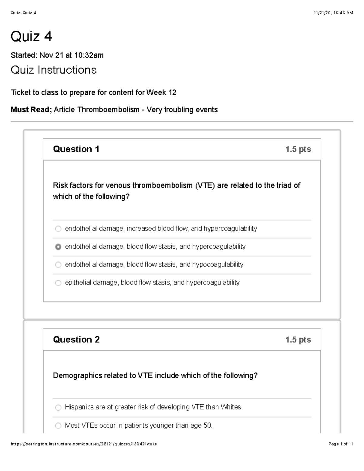 Med Surg-Quiz 4 2 - study docs - Quiz 4 Started: Nov 21 at 10:32am Quiz Instructions Ticket to ...