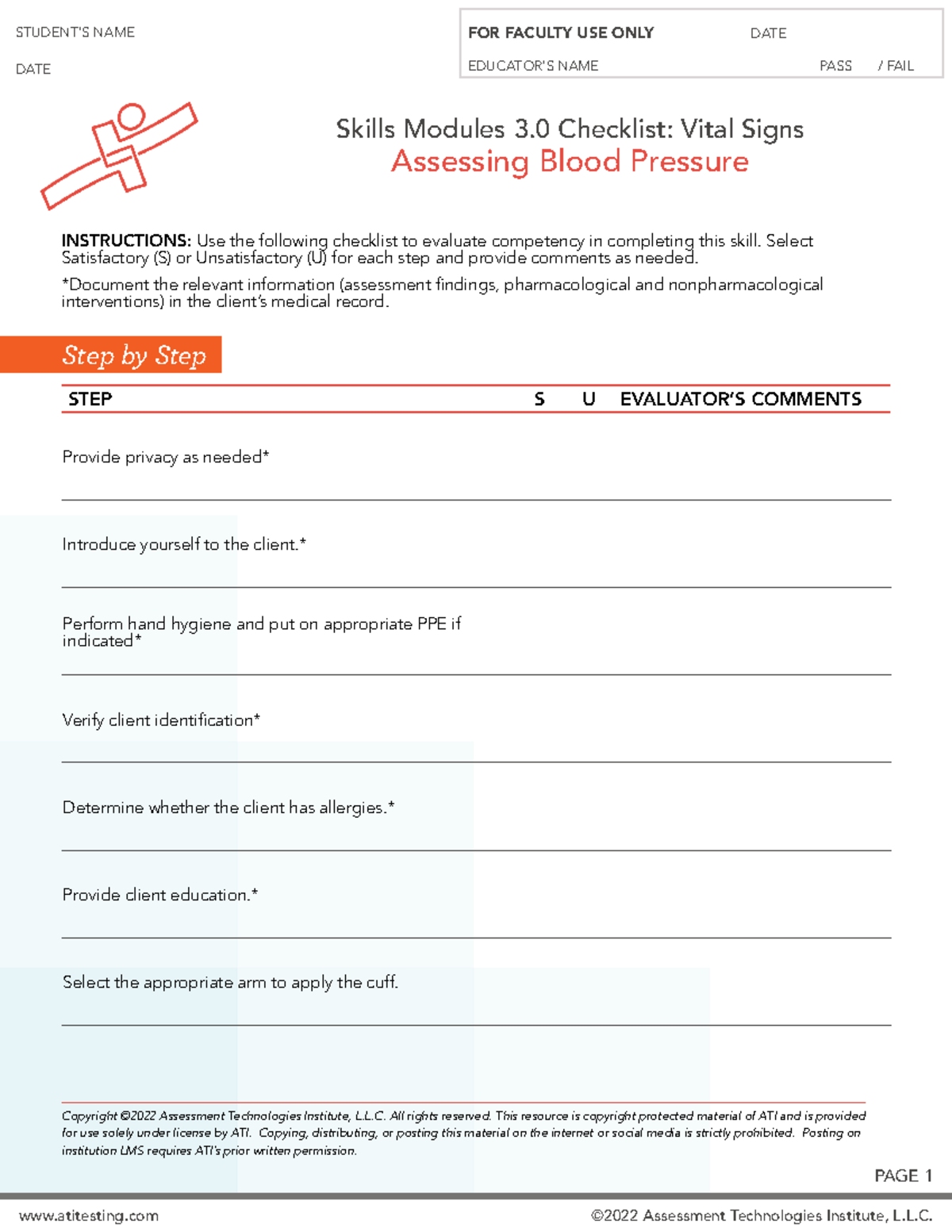 Skills Checklist Vital Signs BP - PAGE 1 Copyright ©2022 Assessment ...