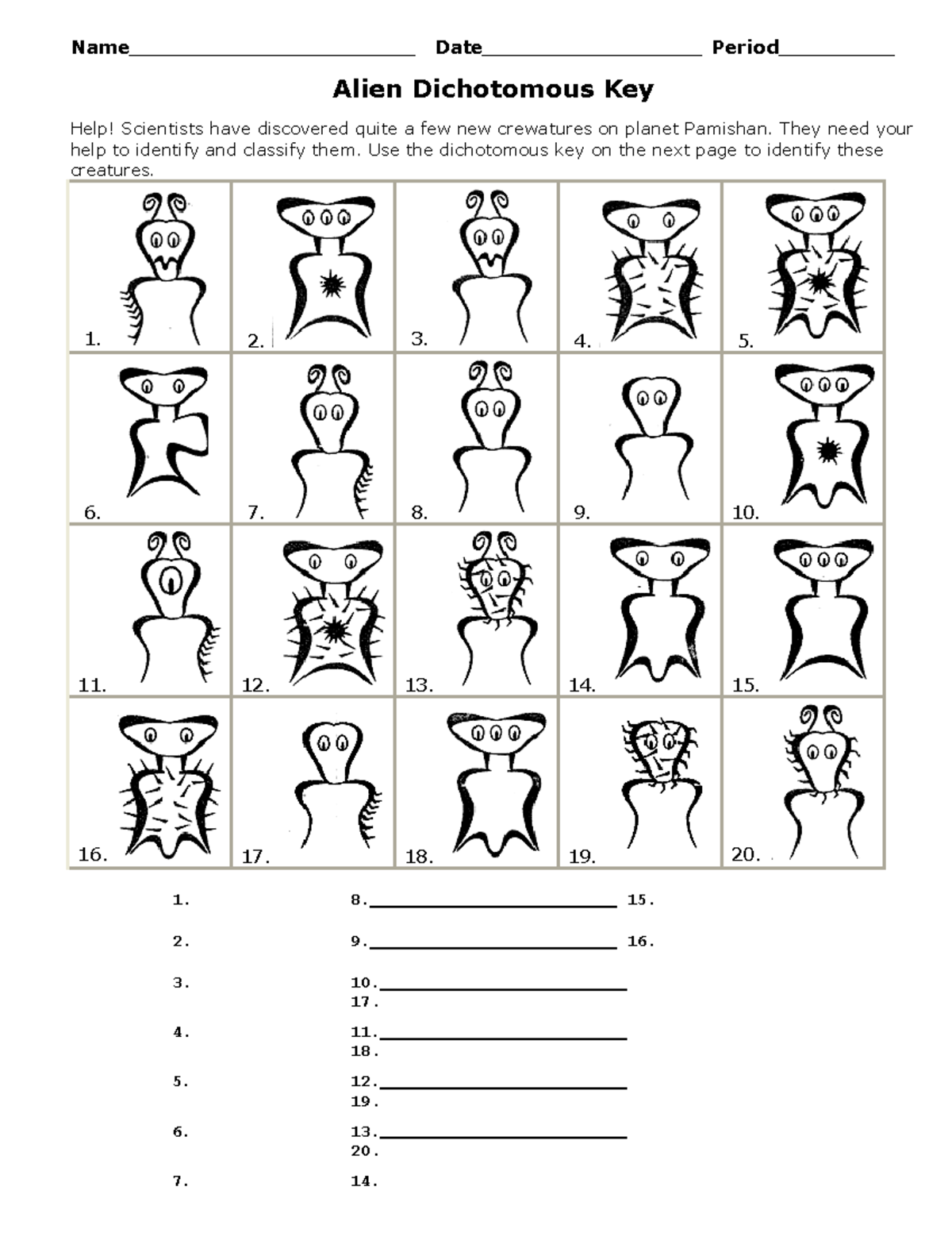 Alien dichotomous key - lol - Name Date Period Alien Dichotomous Key ...