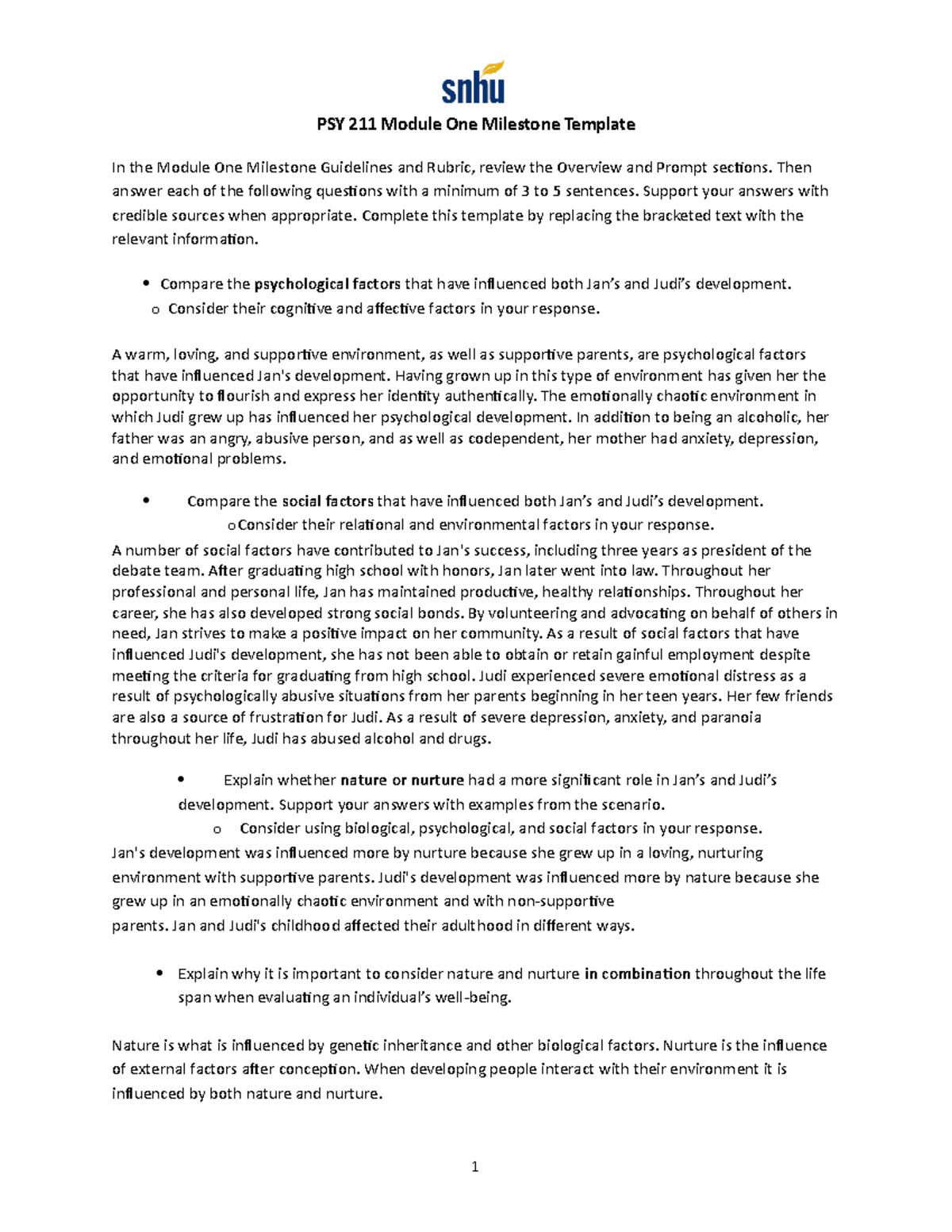 PSY 211 Module One Milestone Template - Then answer each of the ...