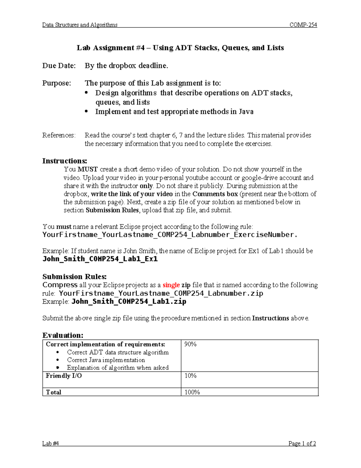 254 - Data Structures and Algorithms COMP- Lab Assignment #4 – Using ADT Stacks, Queues, and ...