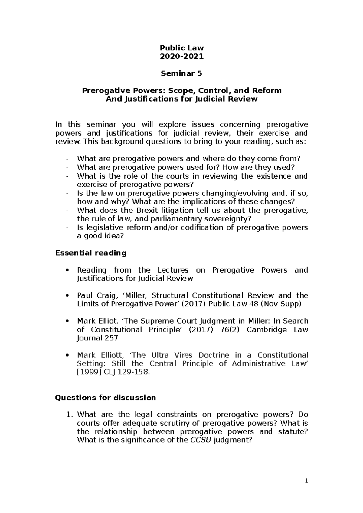 Seminar 5 Prerogative Powers Handout 2020-2021 - Public Law 2020 ...