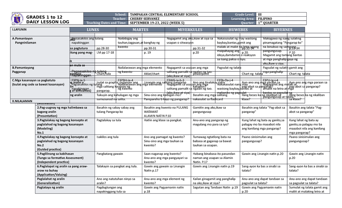 DLL Filipino-3 Q1 W5 - STUDY - GRADES 1 to 12 DAILY LESSON LOG School: TAMPAKAN CENTRAL ...