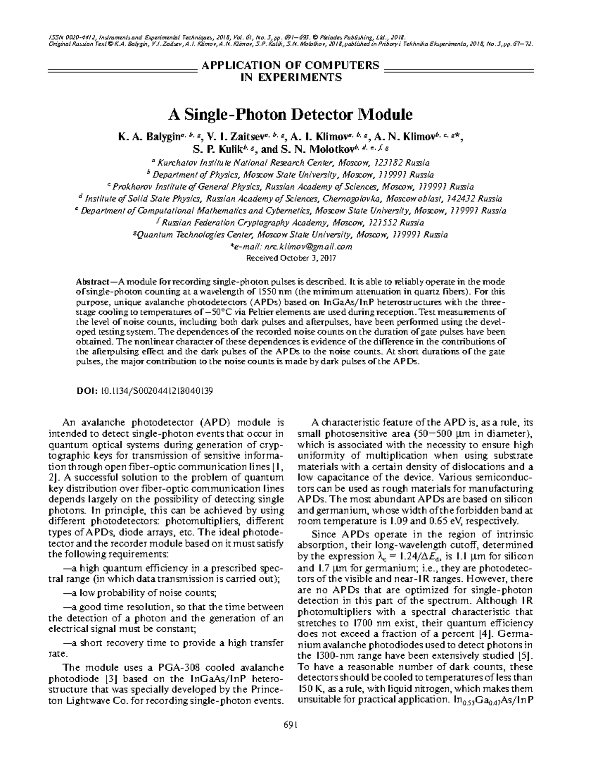 A Single Photon Detector Module 691 Issn 0020 4412 Instruments And