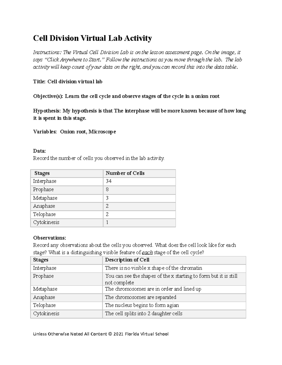 03 01 virtual cell division lab report - Cell Division Virtual Lab ...