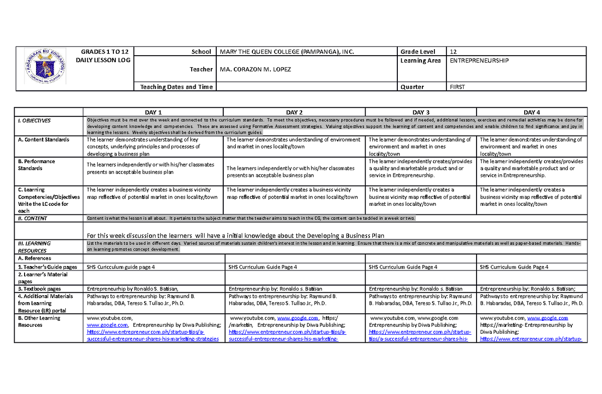 Week 9-10 Applied Entrepreneurship - GRADES 1 TO 12 DAILY LESSON LOG ...