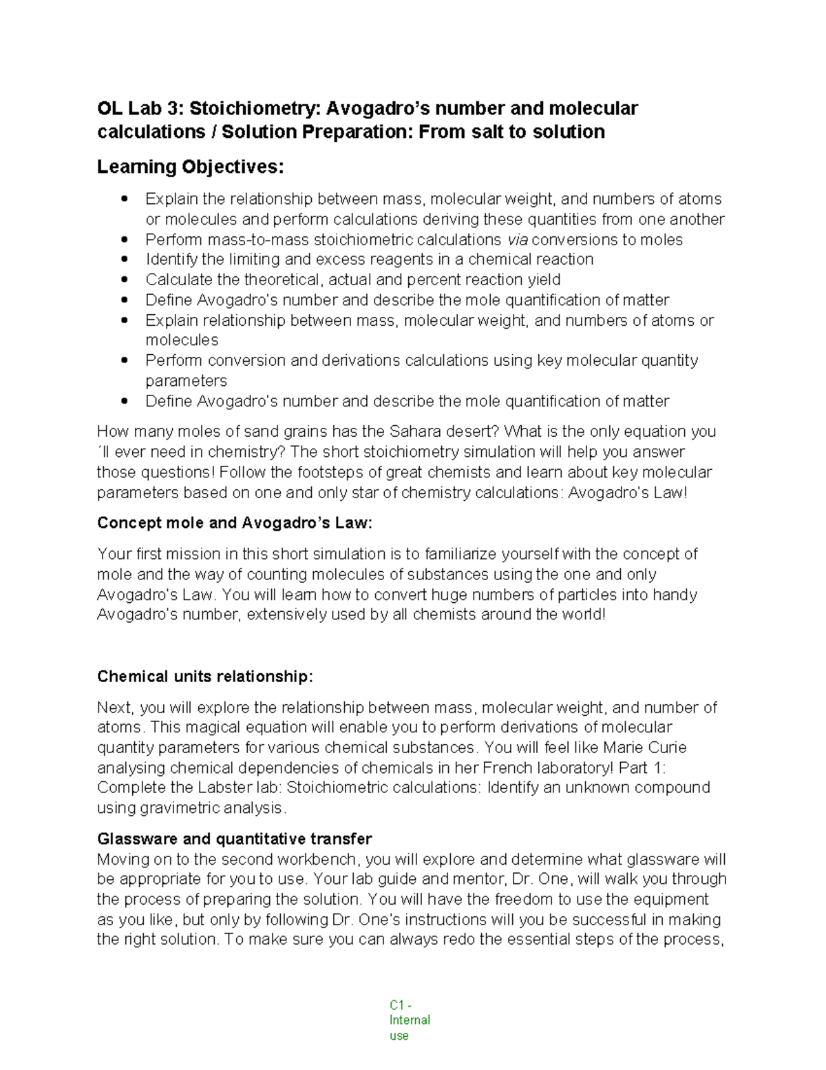 Week 3 Lab - Grade 100% - C1 - Internal OL Lab 3: Stoichiometry ...