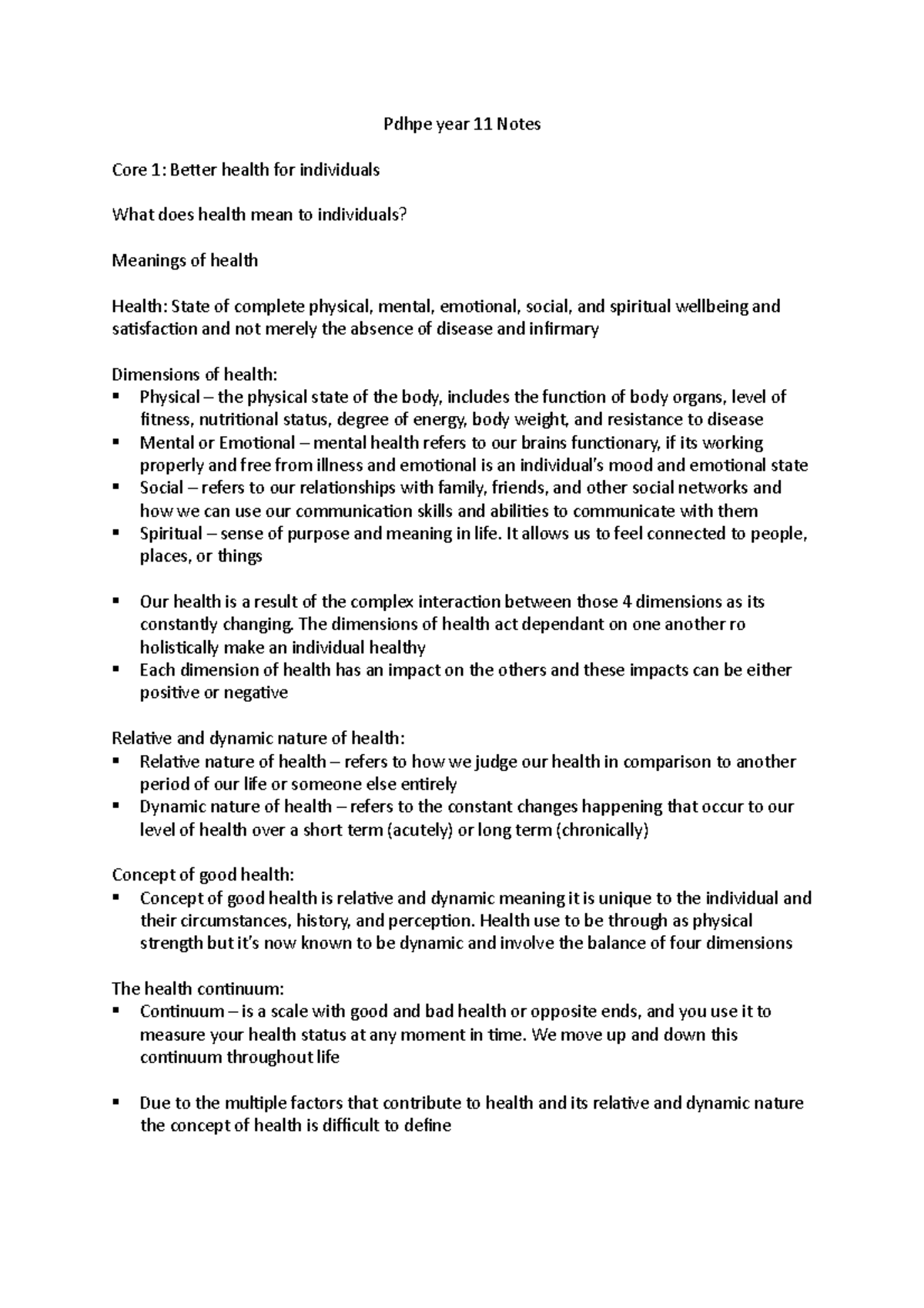 Pdhpe year 11 Notes - Pdhpe year 11 Notes Core 1: Better health for ...