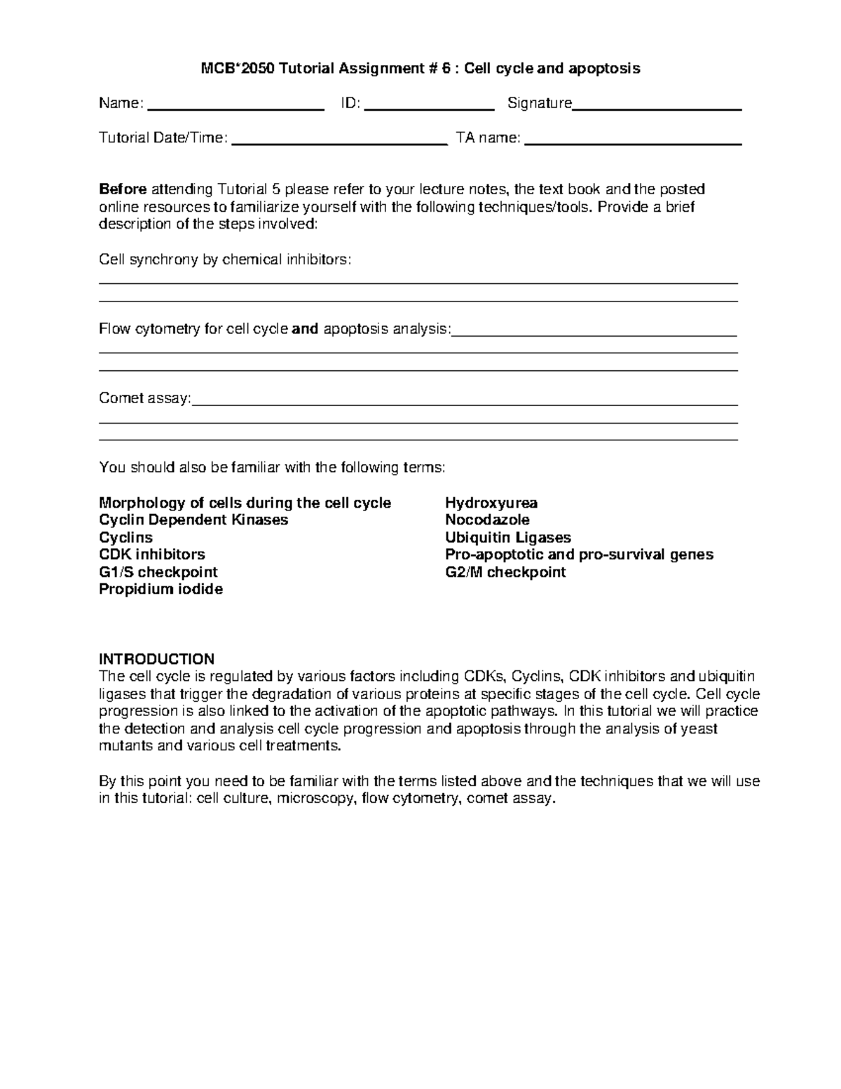 MCB2050 W20 Tutorial 6 Cell Cycle and Apoptosis - MCB*2050 Tutorial Assignment # 6 : Cell cycle ...