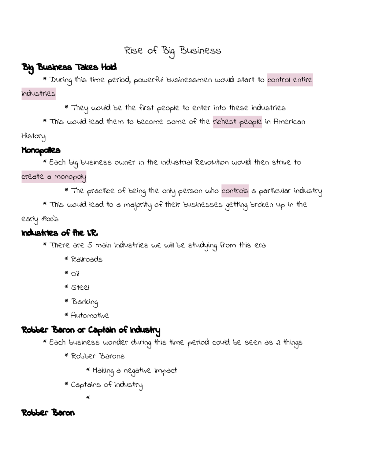 Rise of Big Business - There are 5 main Industries we will be studying ...