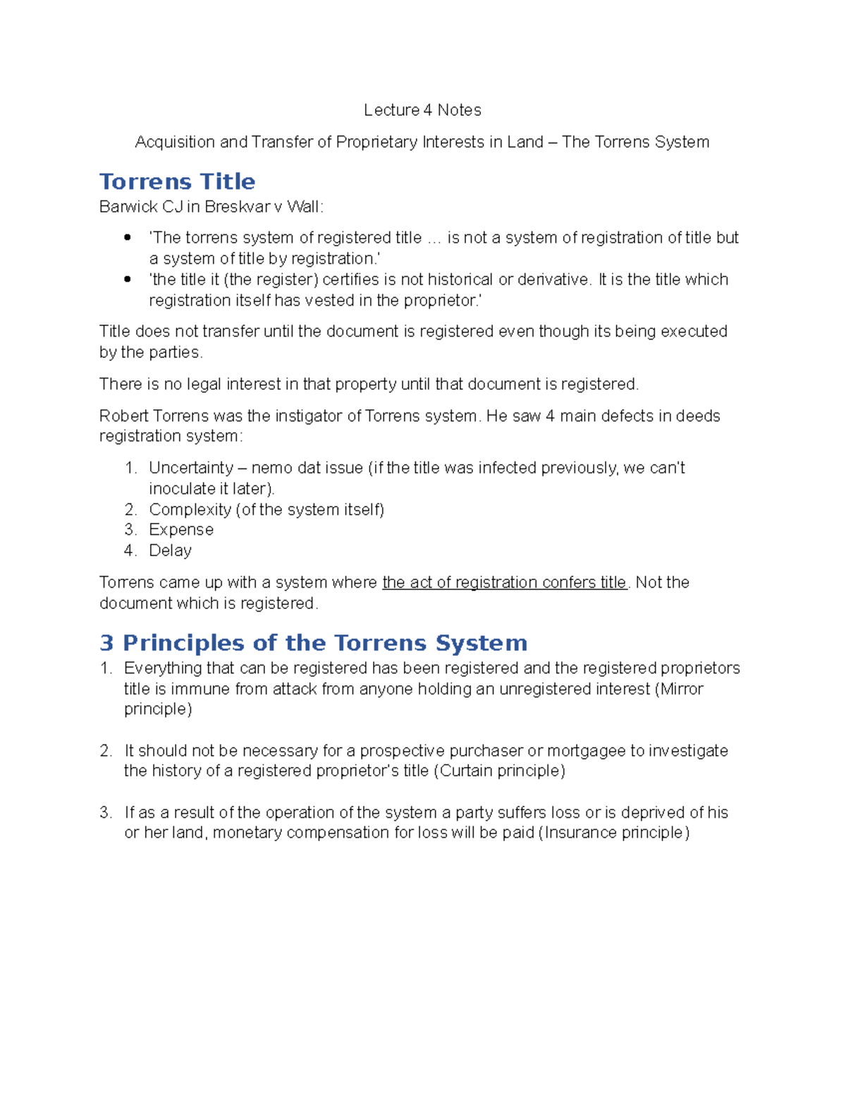 Lecture 4 Notes - The Torrens System - Lecture 4 Notes Acquisition and ...