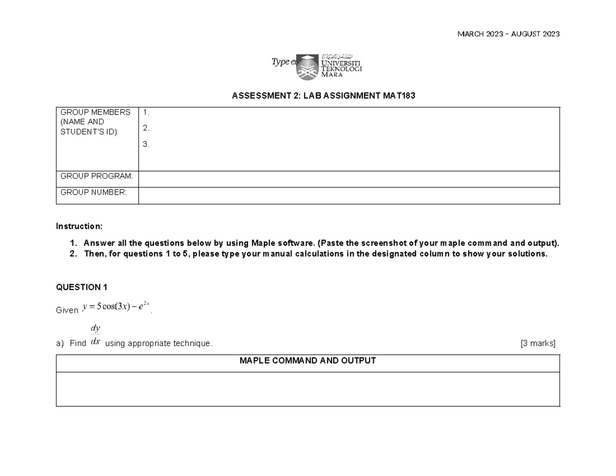 LAB Assignment - Q - Homework - Type equation here. ASSESSMENT 2: LAB ...