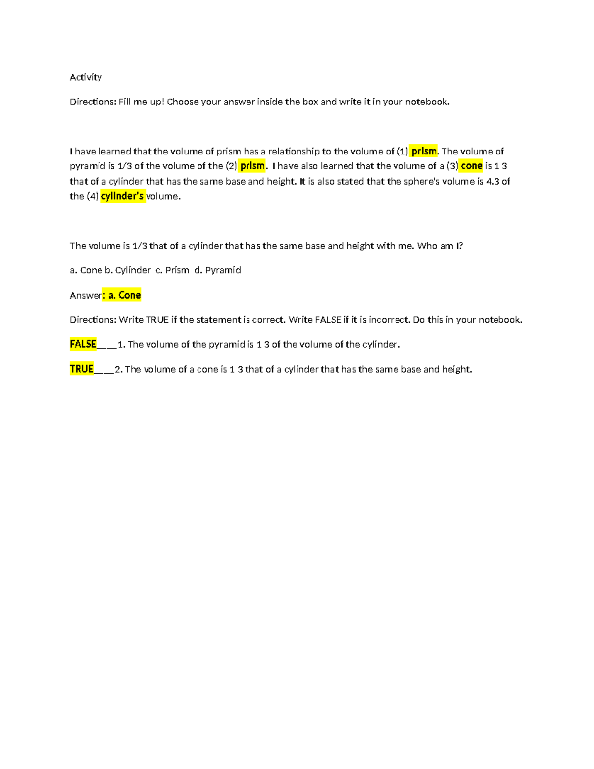 Carlmath - Activity Directions: Fill me up! Choose your answer inside ...