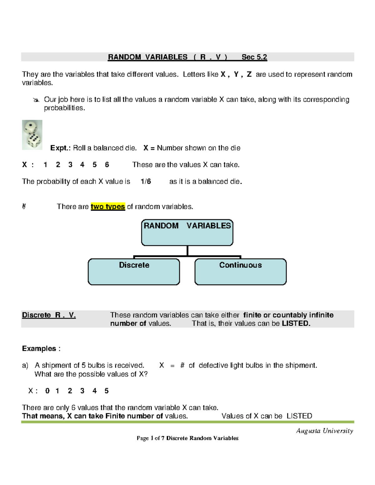 1 Random Variables - Augusta University RANDOM VARIABLES ( R. V ) Sec 5 ...