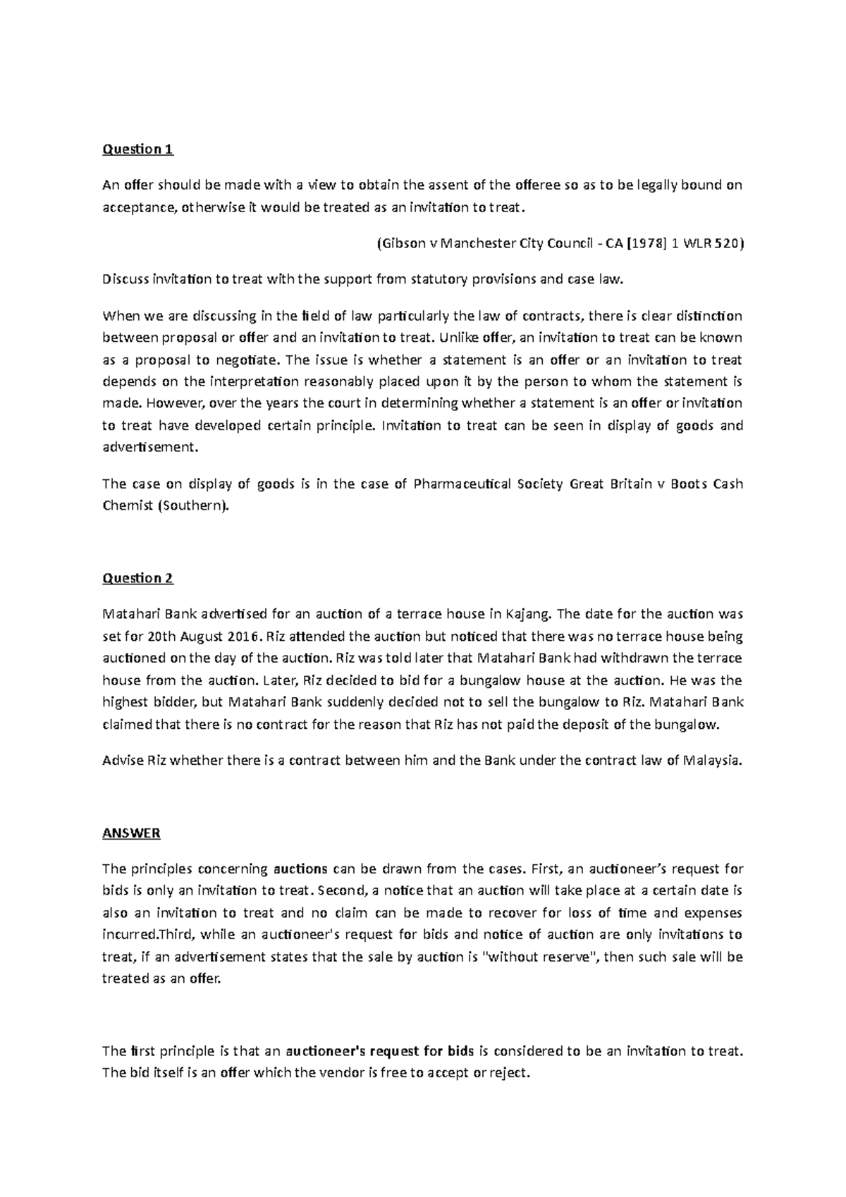Tutorial 2 (Week 3) Contract Law UNL1612 (Question 1 and 2) No Answers ...