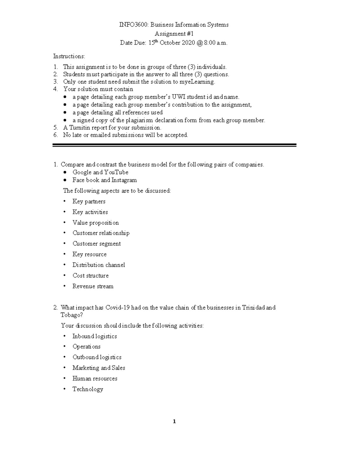 INFO3600 Assignment #1 - INFO3600: Business Information Systems Assignment # Date Due: 15th ...