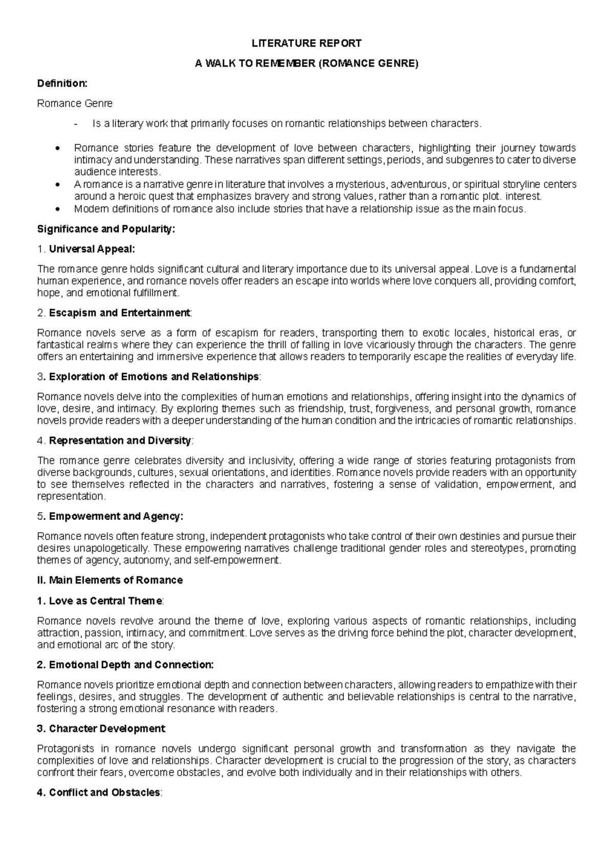 Literature- Report - LITERATURE REPORT A WALK TO REMEMBER (ROMANCE ...