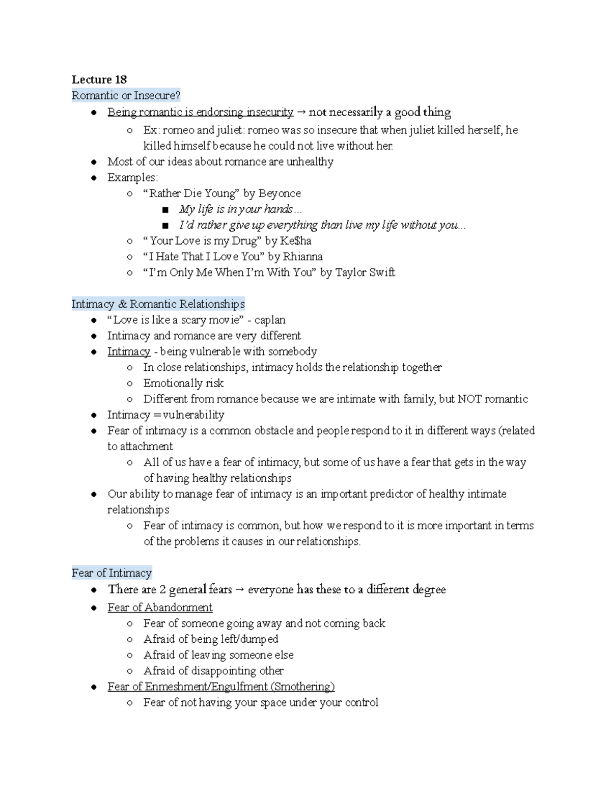 Lectures 18-24 - Lecture notes 18-24 - Lecture 18 Romantic or Insecure ...