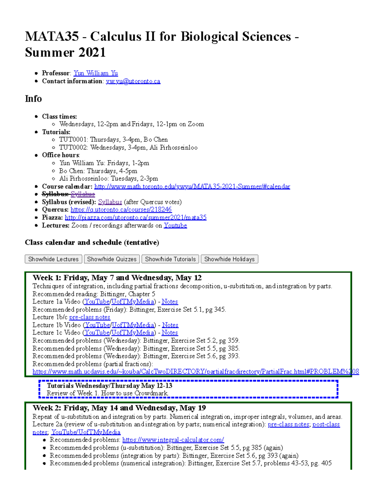 MATA35 - Calculus II for Biological Sciences - Summer 2021 - - Studocu
