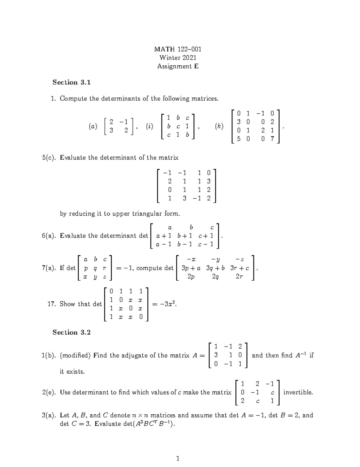 Math 122 practice assignment 5 - MATH 122– Winter 2021 Assignment E ...