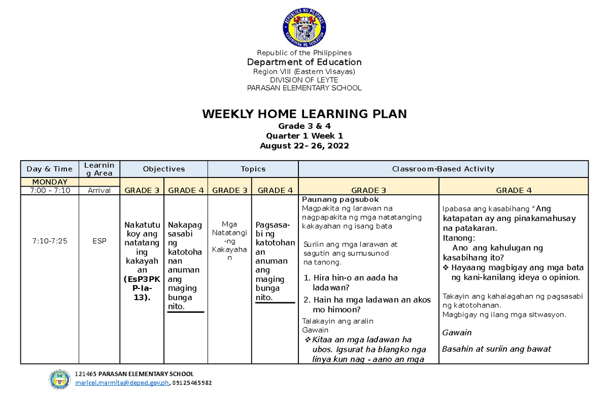 Q1-MG-DLP-wk1 - WEEKLY HOME LEARNING WEEK 1 AUGUST 22-26 - Republic of the Philippines ...