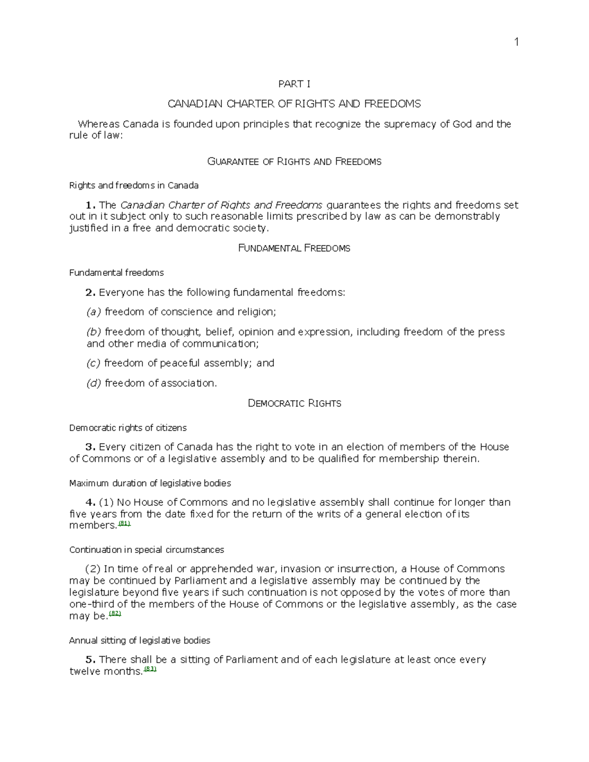 The Canadian Charter of Rights and Freedoms - PART I CANADIAN CHARTER ...