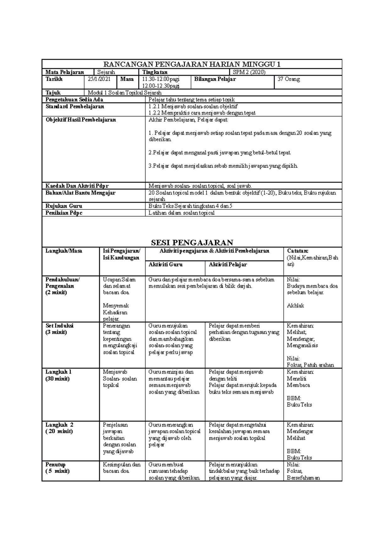 RPH Minggu 1 - thank you - RANCANGAN PENGAJARAN HARIAN MINGGU 1 Mata ...