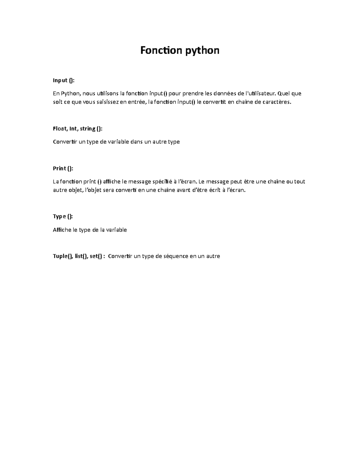 Fiche fonctions pyhton - Fonction python Input (): En Python, nous utilisons la fonction input ...
