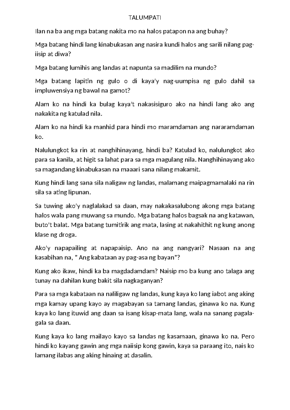 Interpretatibong-Pagbasa - TALUMPATI Ilan na ba ang mga batang nakita ...