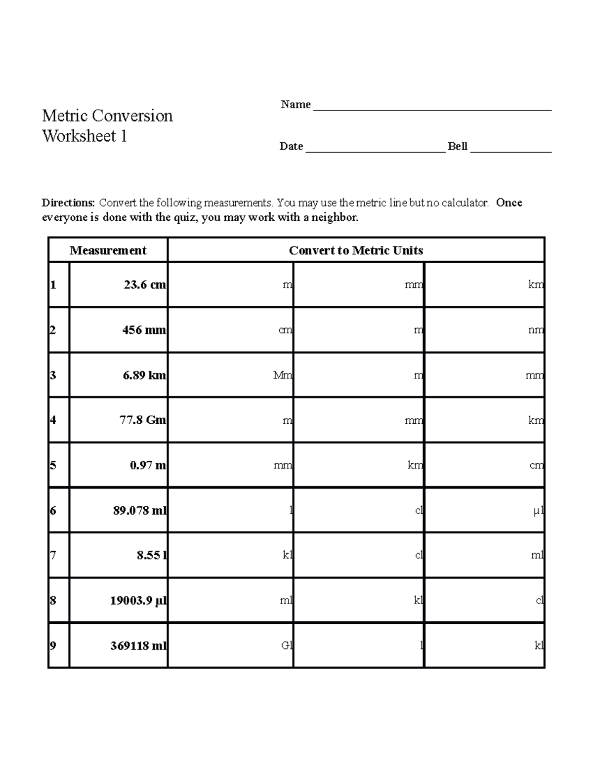 Metric Conversion Worksheet 1 SY2324 - Metric Conversion Worksheet 1 ...