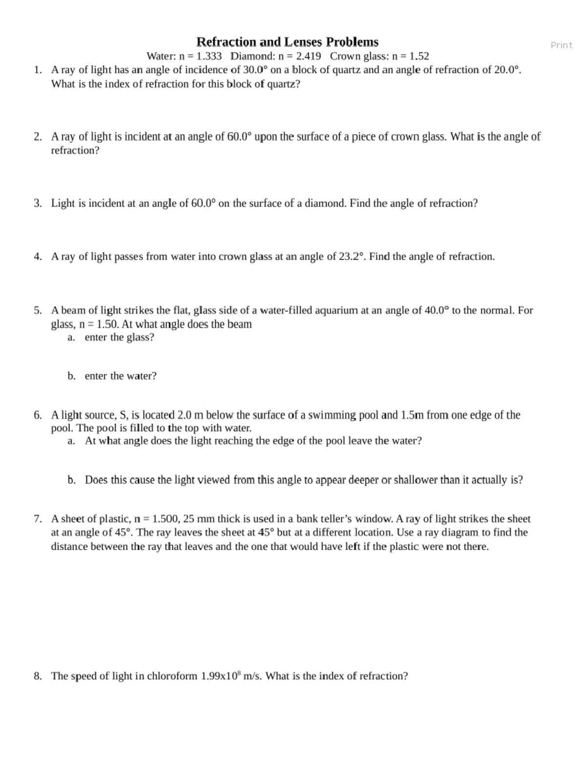WS - Refraction and Lenses Problems.doc Schoology - Print - Studocu