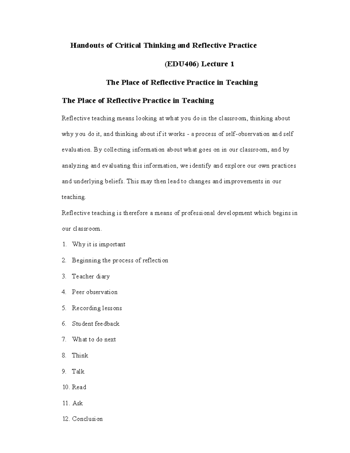 Mid handout - lesson - Handouts of Critical Thinking and Reflective ...