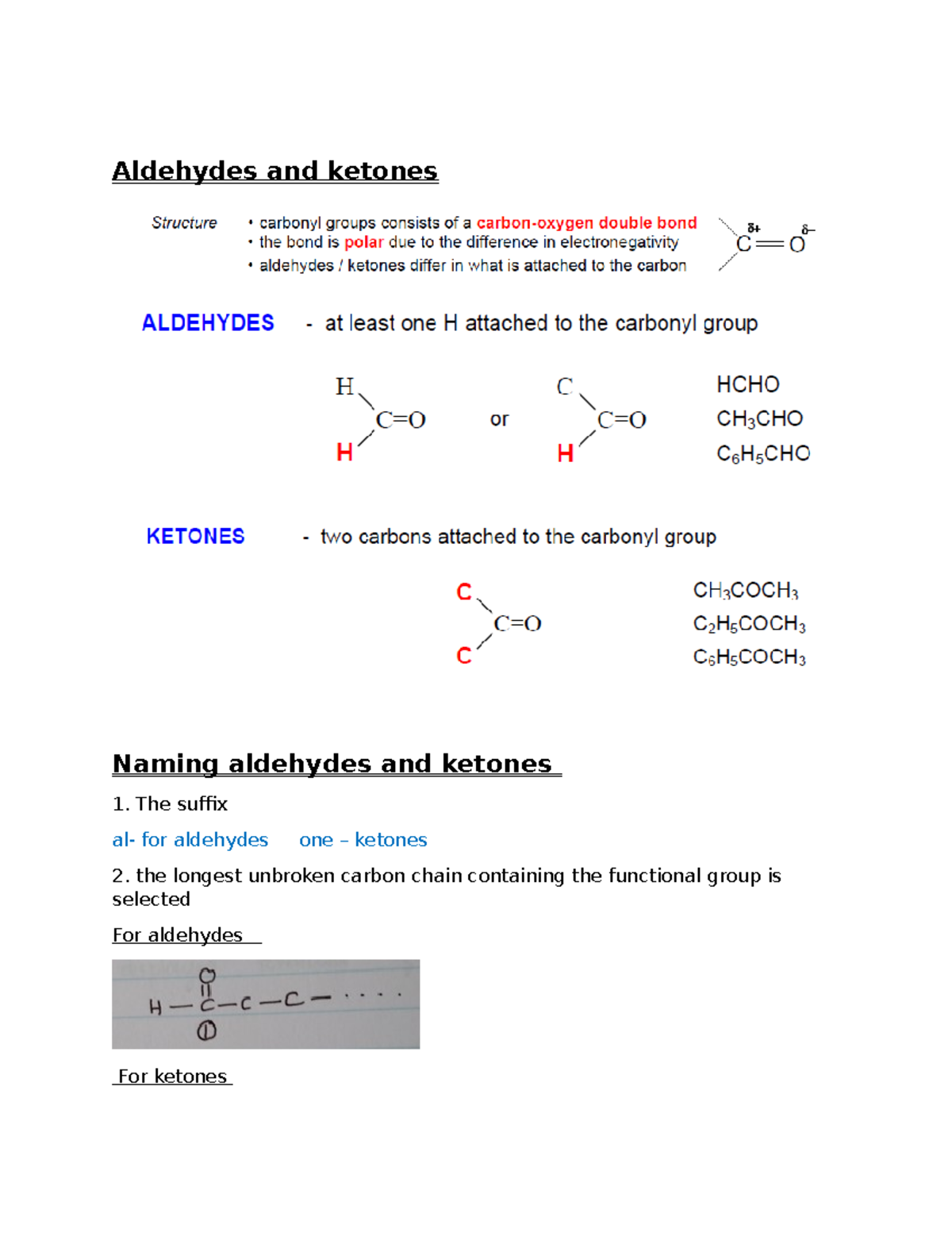 Notes- aldehydes and ketones - Aldehydes and ketones Naming aldehydes ...