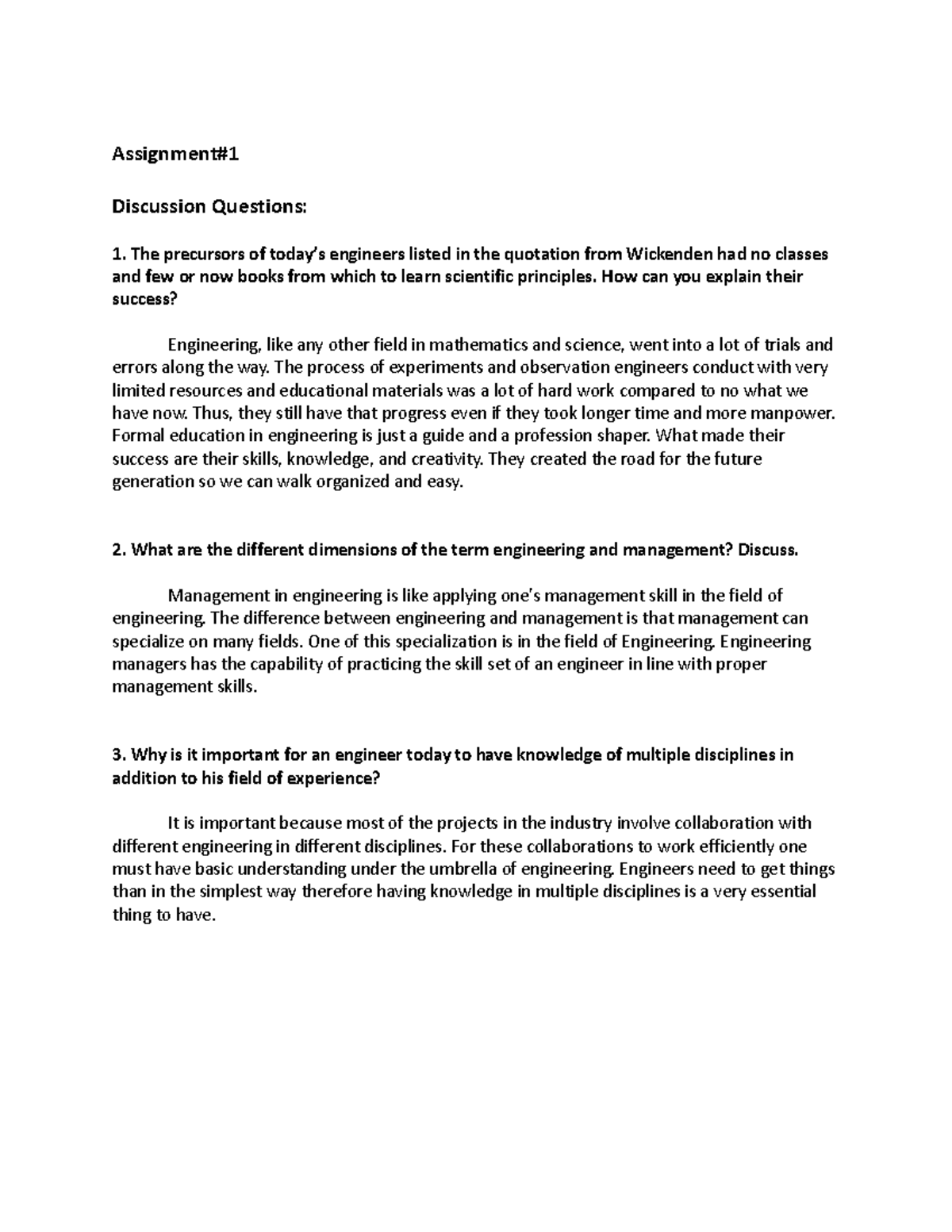 Engineering Management 2-A Assignment#1 Lesson 1 - Assignment# Discussion Questions: The ...