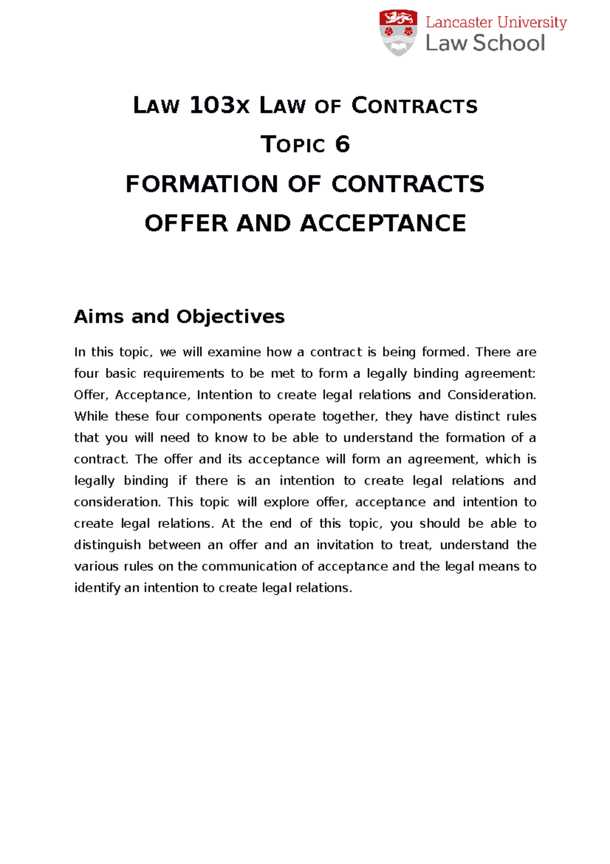 Topic 6 Handout 2022 - LAW 103 X LAW OF CONTRACTS TOPIC 6 FORMATION OF ...