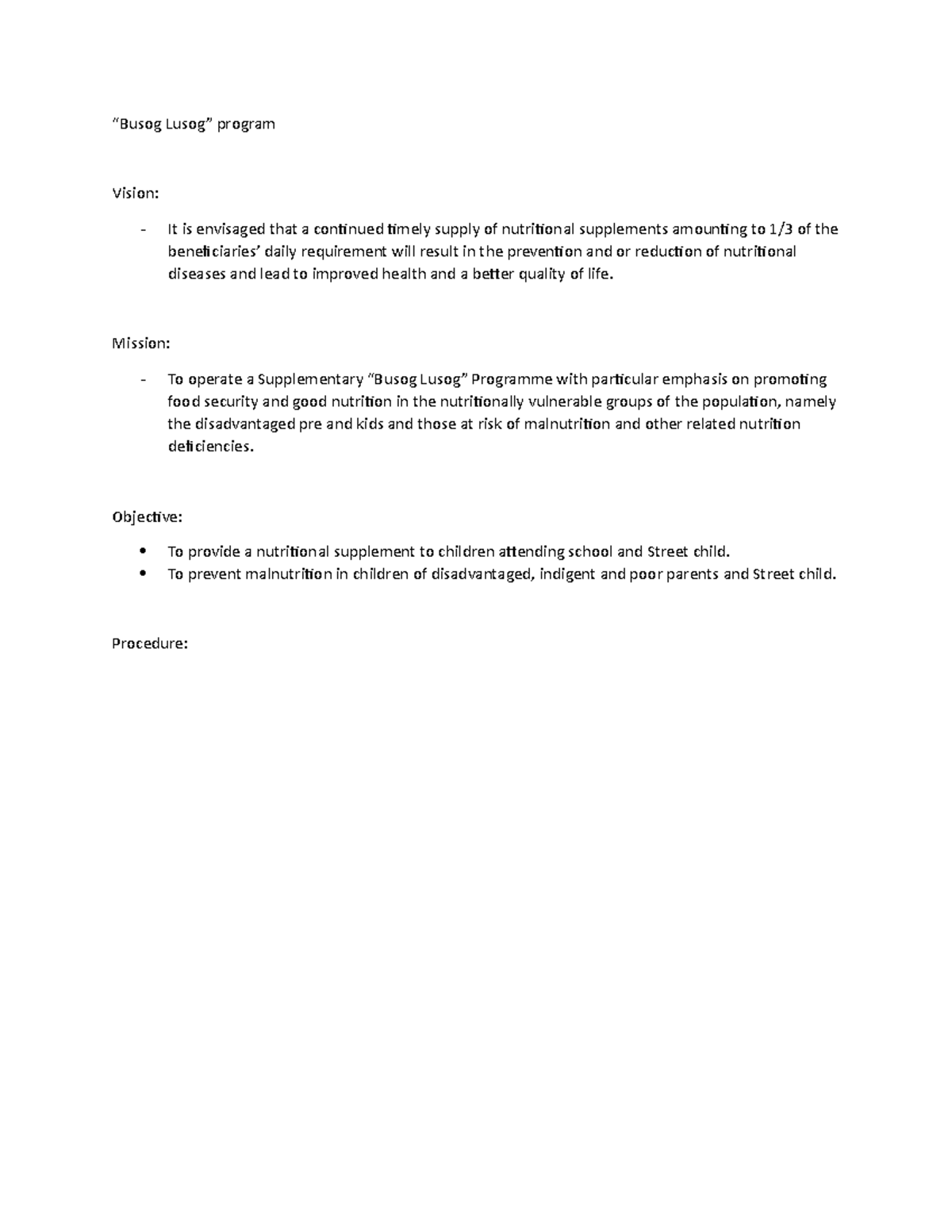 Hjkg - UNDERSTANDING THE SELF. - “Busog Lusog” program Vision:- It is ...