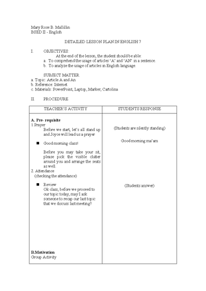 A Detailed Lesson PLAN IN English Paragraph - A DETAILED LESSON PLAN IN ...