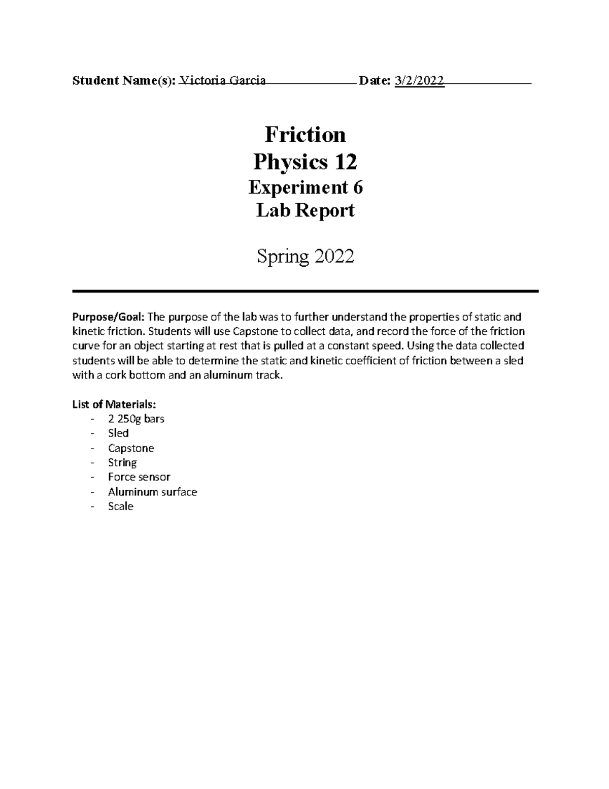 Introduction to Physics Lab - PHY012- Experiment 6: Friction - Student ...