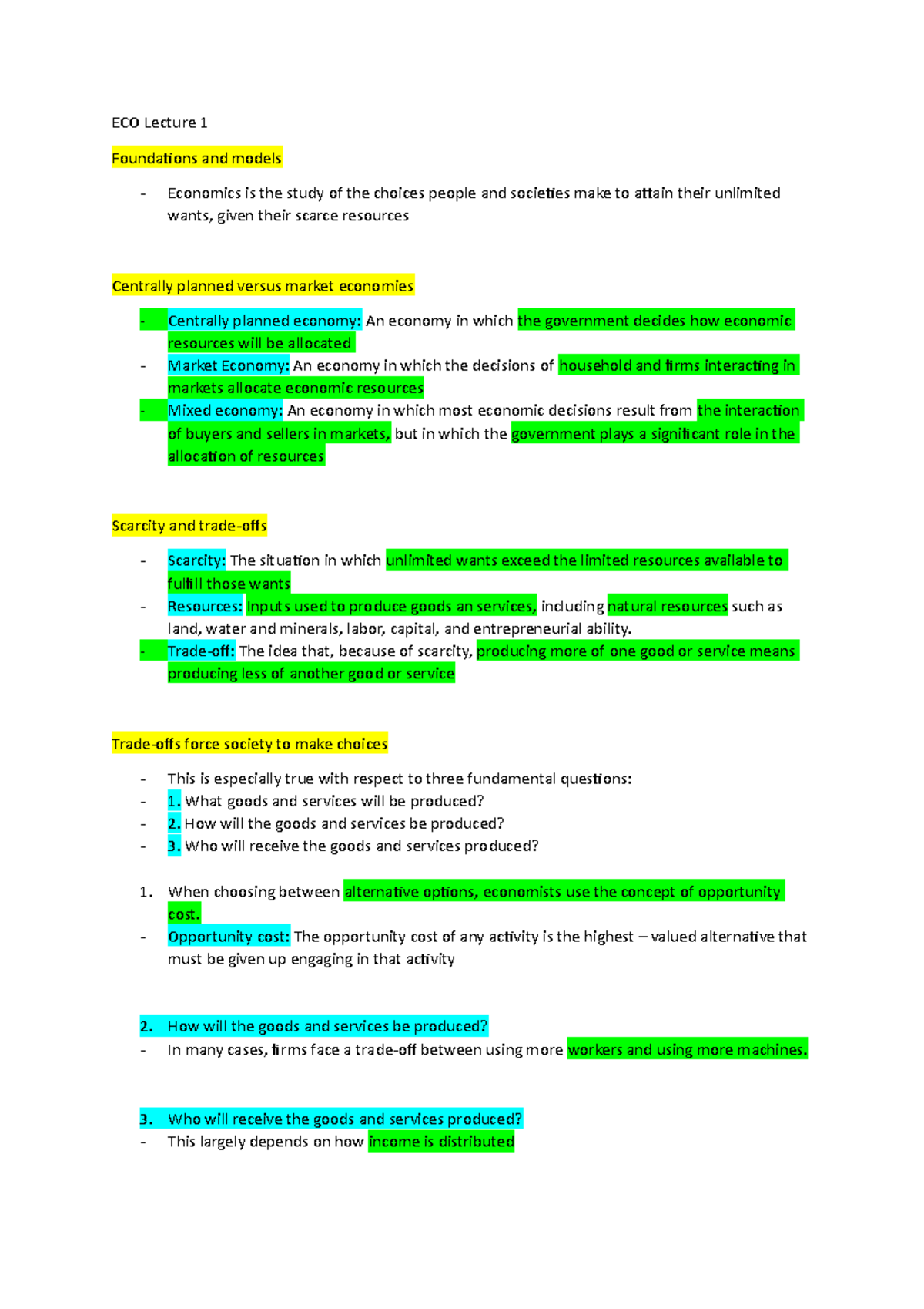 ECO Lecture 1 - Trade-off: The idea that, because of scarcity ...