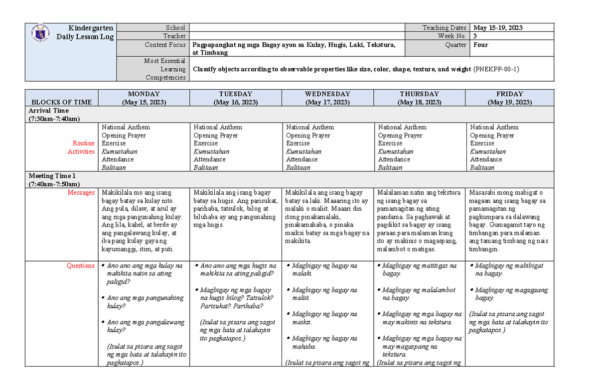 Kindergarten-DLL-MELC-Q4-Week 3 CTTO - Kindergarten Daily Lesson Log ...