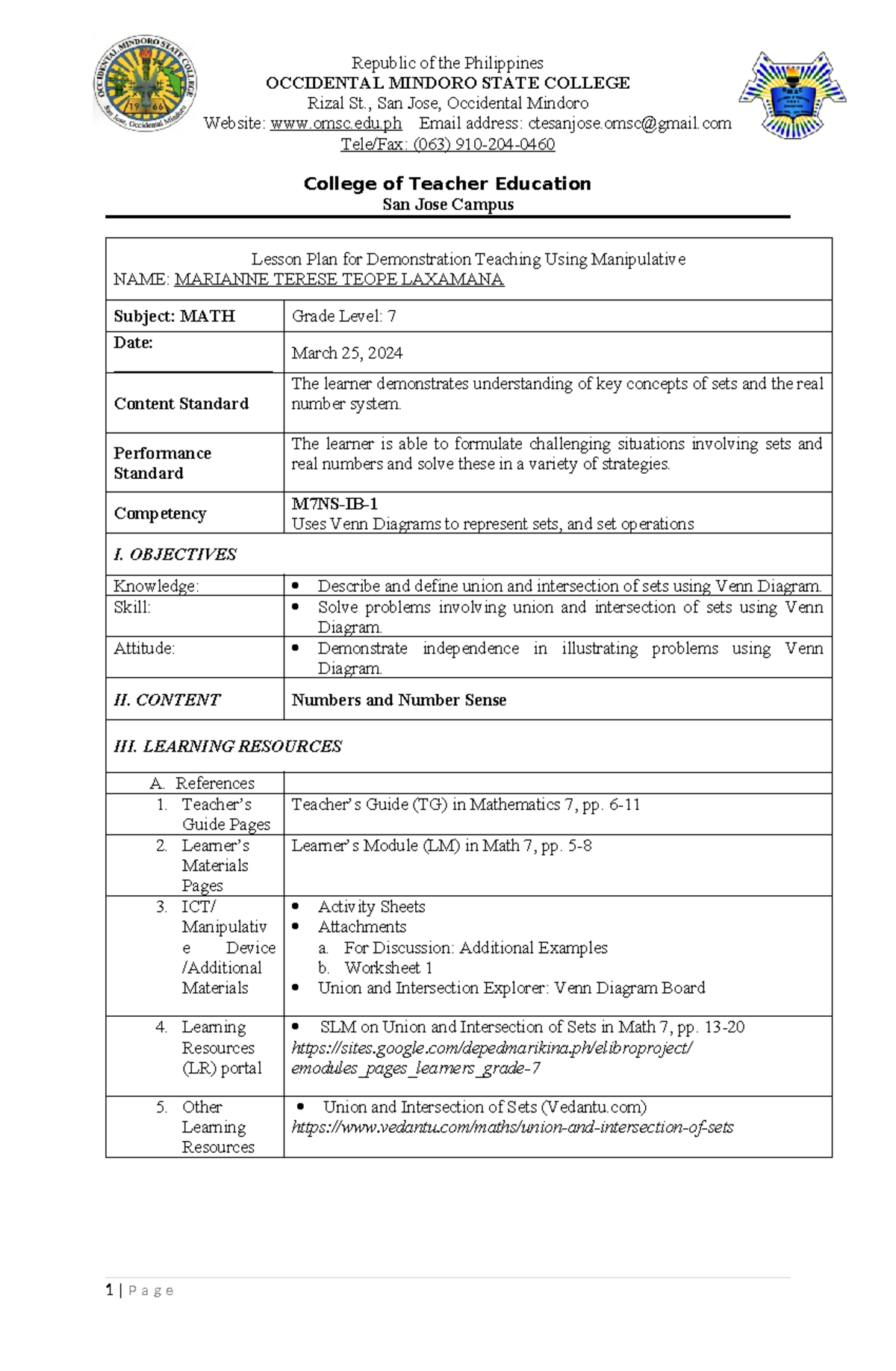 Lesson Plan for Demonstration Teaching Using Manipulative - Republic of ...