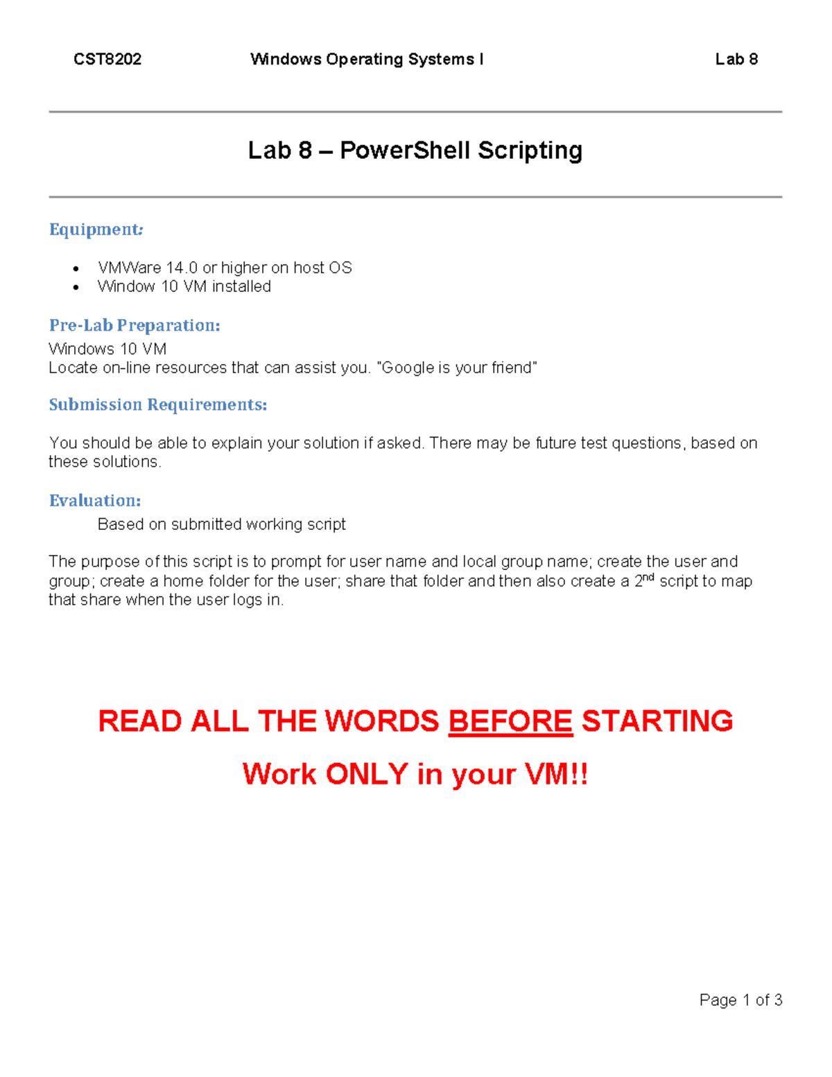 Lab 8 - Power Shell Scripting - CST8202 Windows Operating Systems I Lab 8 Page 1 of 3 Lab 8 ...