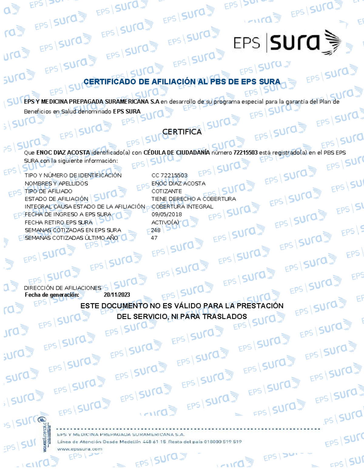 Formato EPS SURA - actividad - CERTIFICADO DE AFILIACIÓN AL PBS DE EPS SURA EPS Y MEDICINA ...