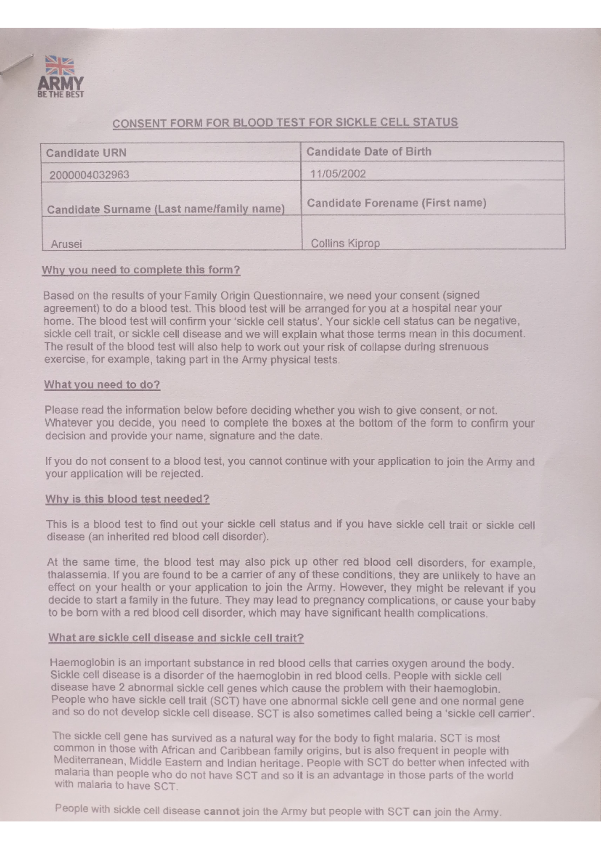 Consent Form - ARMY BE THE BEST CONSENT FORM FOR BLOOD TEST FOR SICKLE ...