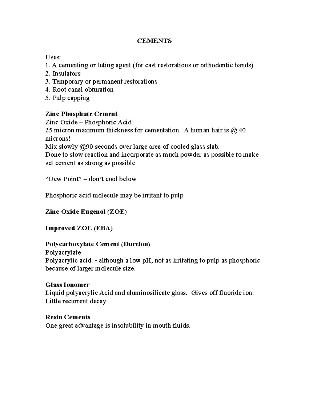Cements - Lecture notes 1 - CEMENTS Uses: 1. A cementing or luting ...
