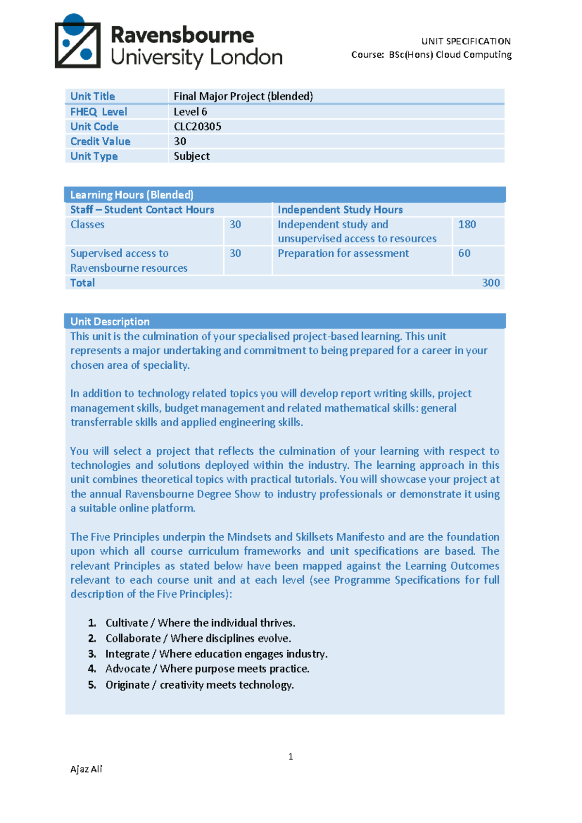 CLC Final Major Project - UNIT SPECIFICATION Course: BSc(Hons) Cloud Computing 1 Unit Title ...