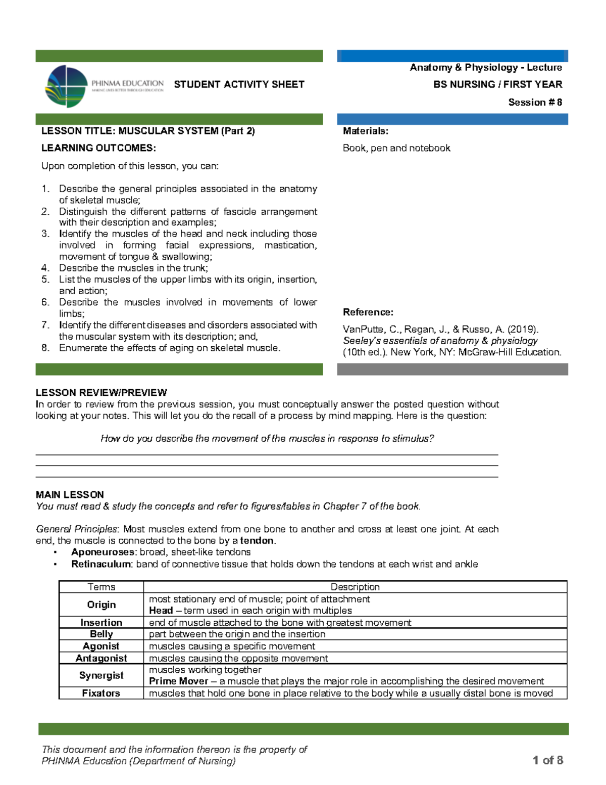 Lecture #8 anaphy - anatomy and physiology - This document and the ...