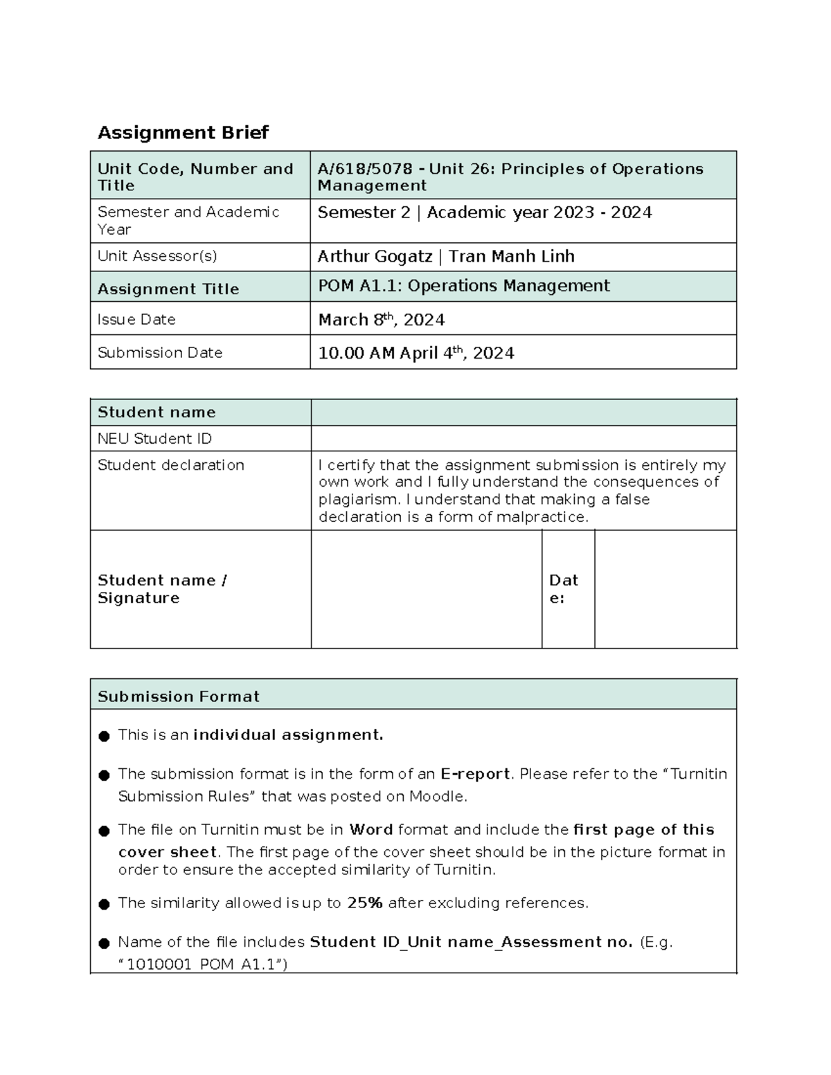 POM A1.1 Brief 2024 - Assignment Brief Unit Code, Number and Title A/618/5078 - Unit 26 ...